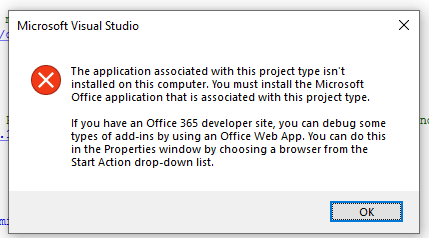 Can't start debugging of Office Web Add-in. getting the error "The ...