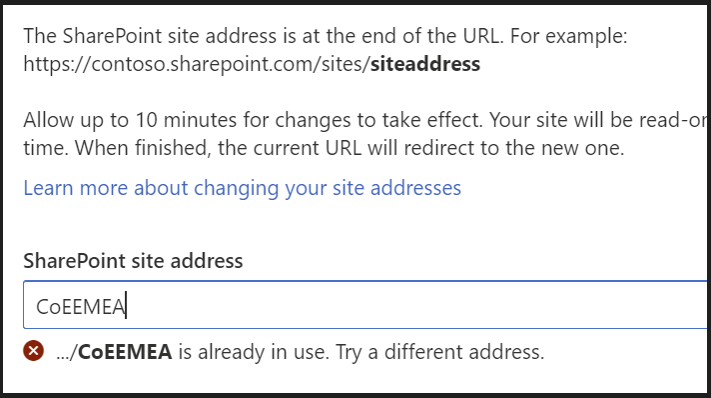 Unable to change SharePoint site address - Microsoft Q&A