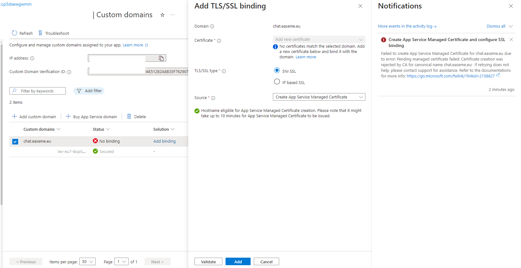 Custom subdomain HTTPS failed creation of Azure App Service Managed ... Custom subdomain HTTPS failed creation of Azure App Service Managed ...