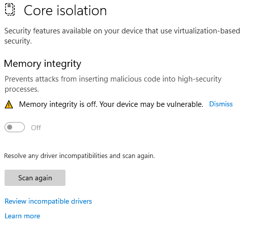 Core Isolation - Memory integrity (xhunter1.sys) - Microsoft Q&A