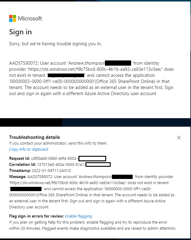 SharePoint Modern invites - Receiving AADSTS90072 error - External ...