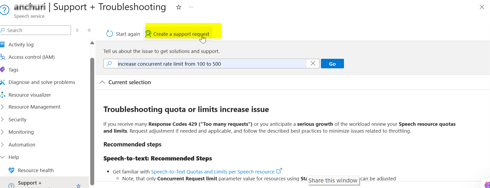 How to increase concurrent rate limit from 100 to 500 for Azure Speech Services - Microsoft Q&A