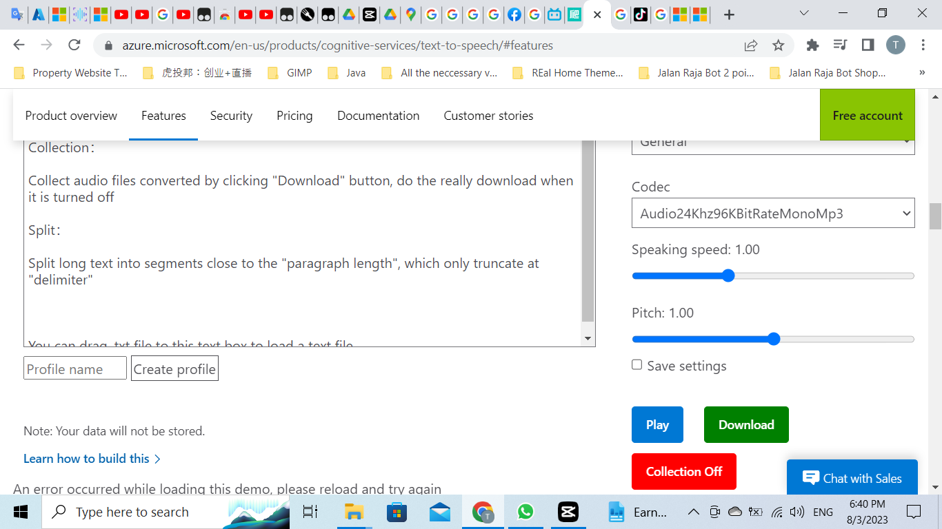 When pressing play on the Azure text to speech browser app: "An error ...