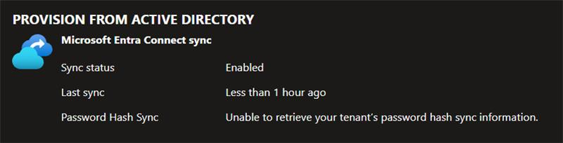 Microsoft Entra Connect in Entra ID showing "Unable to retrieve your ...