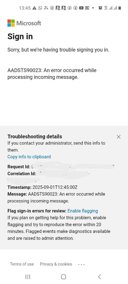 How do i connect teams to my mobile device. I keep getting error message AADSTS90023: An error ...