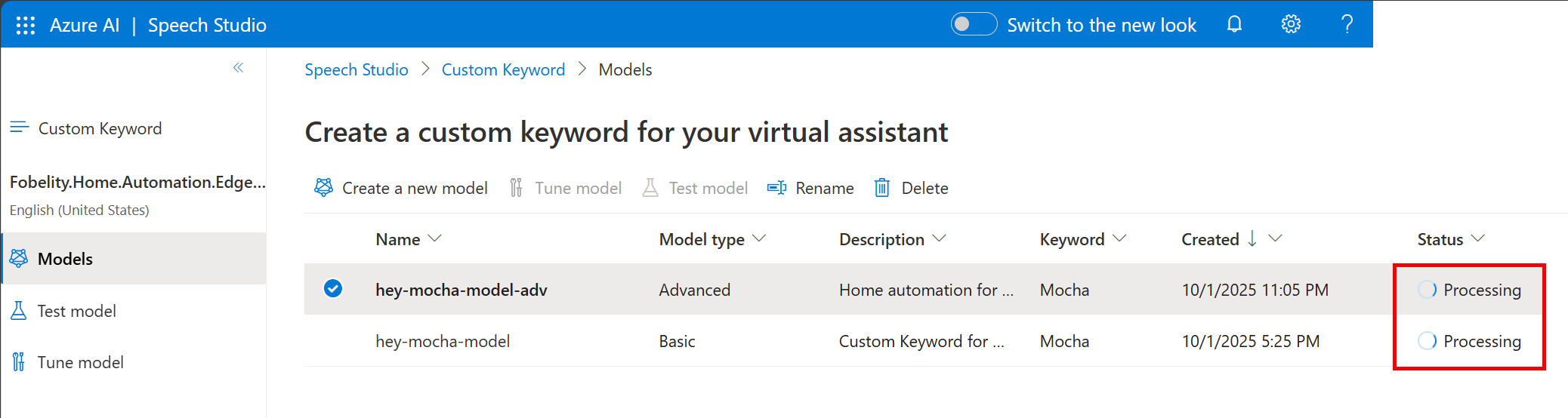 Speech Studio Custom Keyword Model creation stuck in Processing state ...
