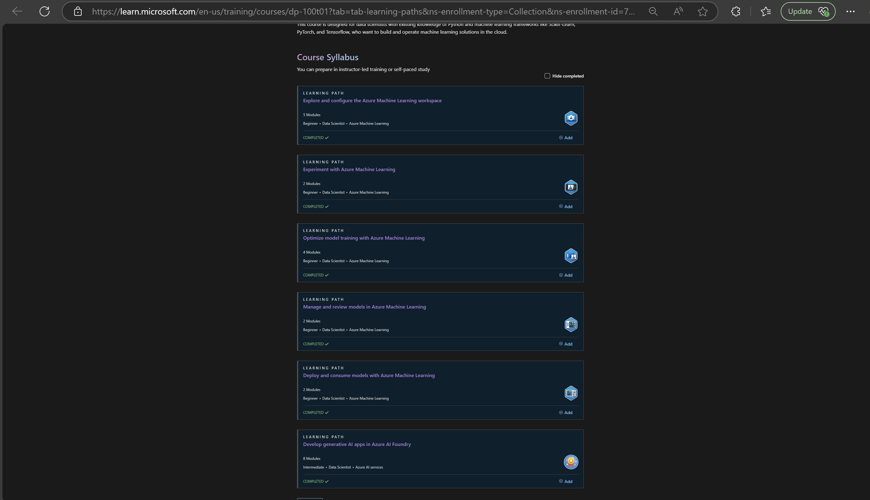Missing Badges on Azure Course DP-100T01-A Completion Profile - Microsoft Q&A
