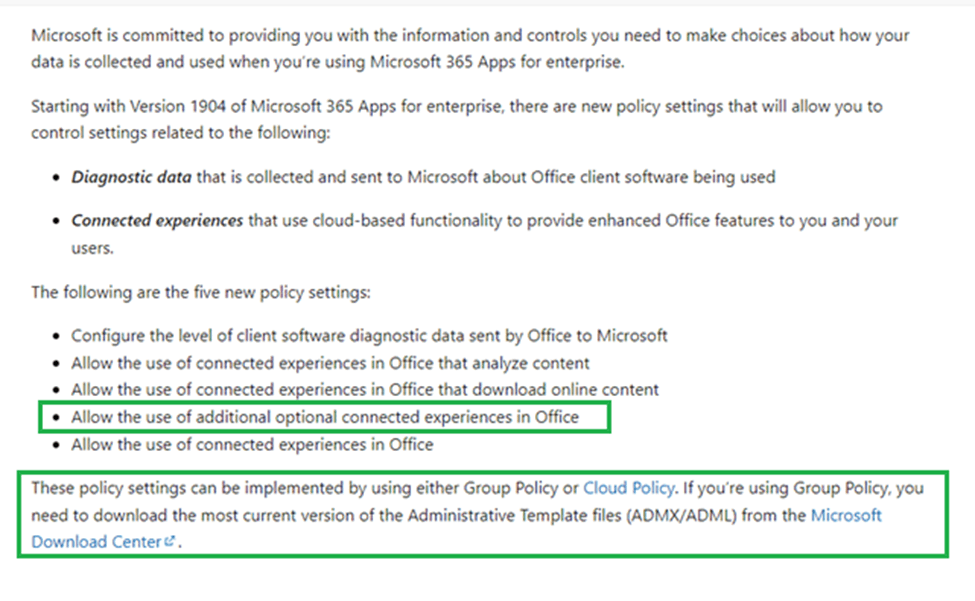 Where in Admin Center can I check, control Enable / disable optional connected experiences ...