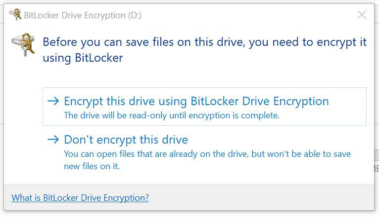 Before you can save files on this drive, you need to encrypt it using bitlocker - Microsoft Q&A