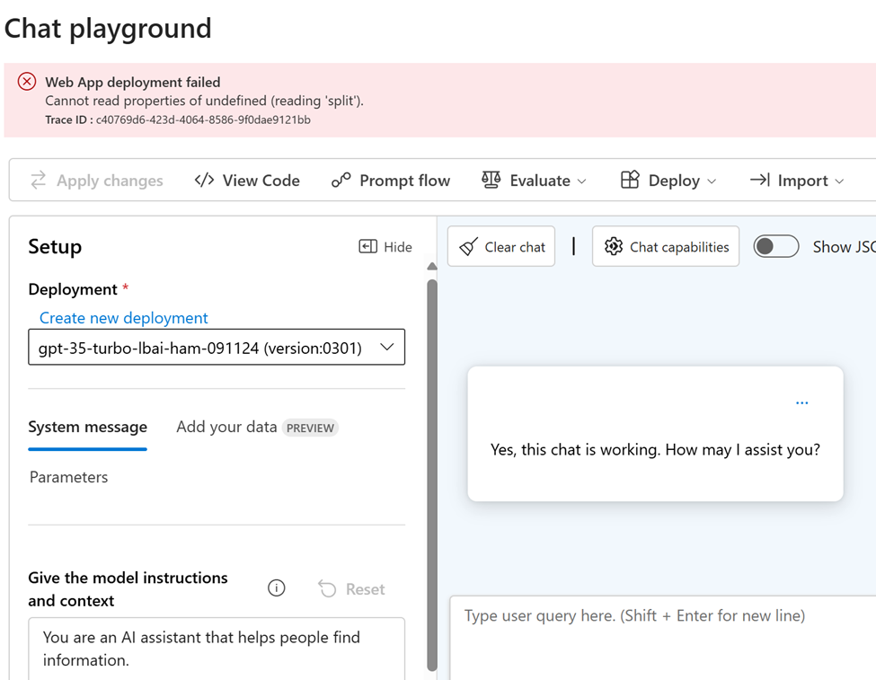 Unable to Deploy Web App from AI Studio Chat Playground - Microsoft Q&A