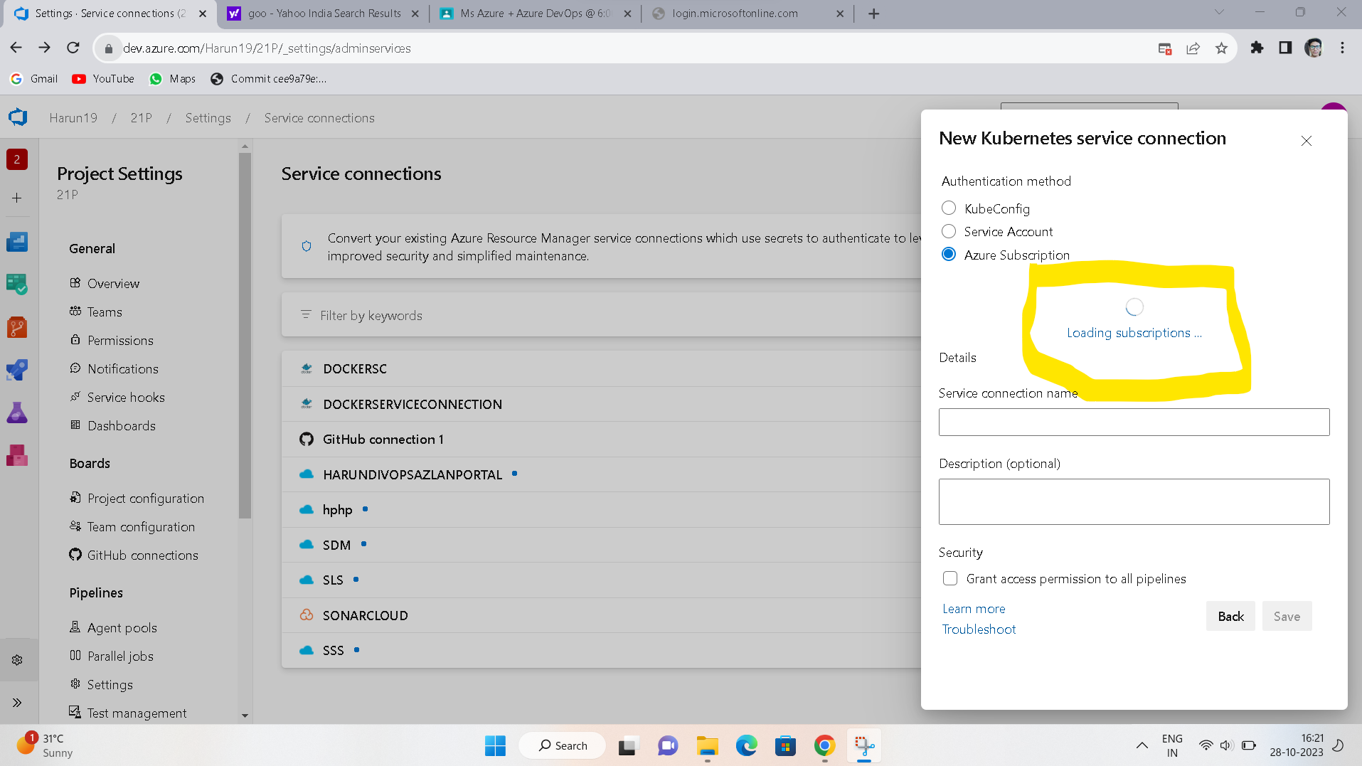 I have problem in creating service connection of kubernetes - Microsoft Q&A