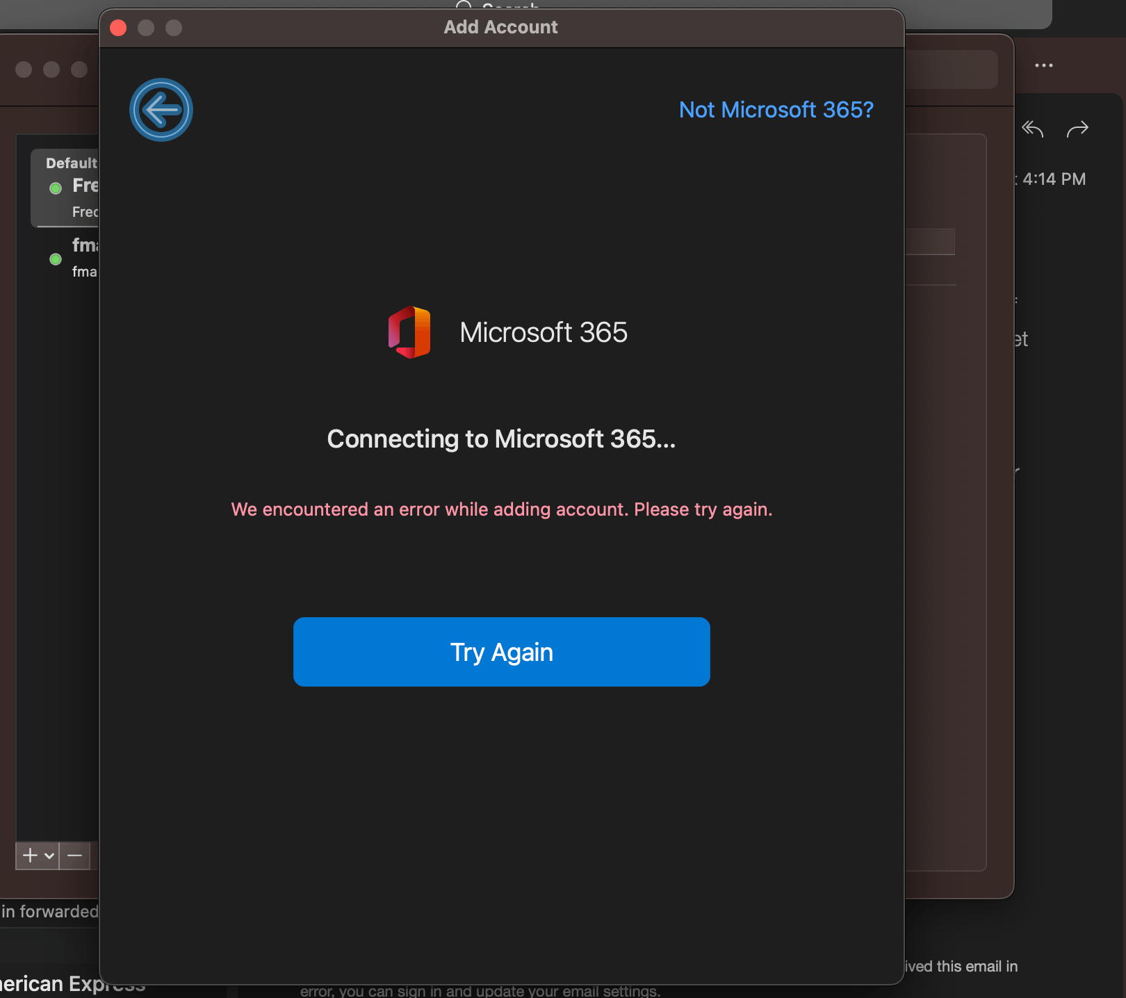 We encountered an error while adding account. Please try again - Microsoft Q&A