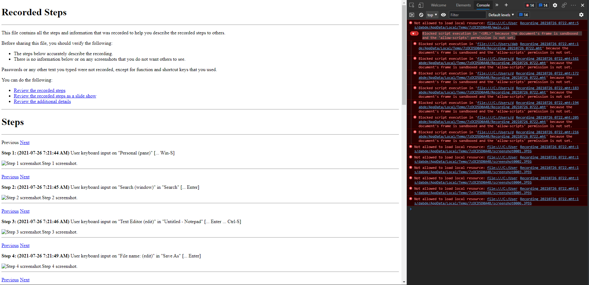 Steps Recorder .mht file has no styling or images; blocked script execution - Microsoft Q&A