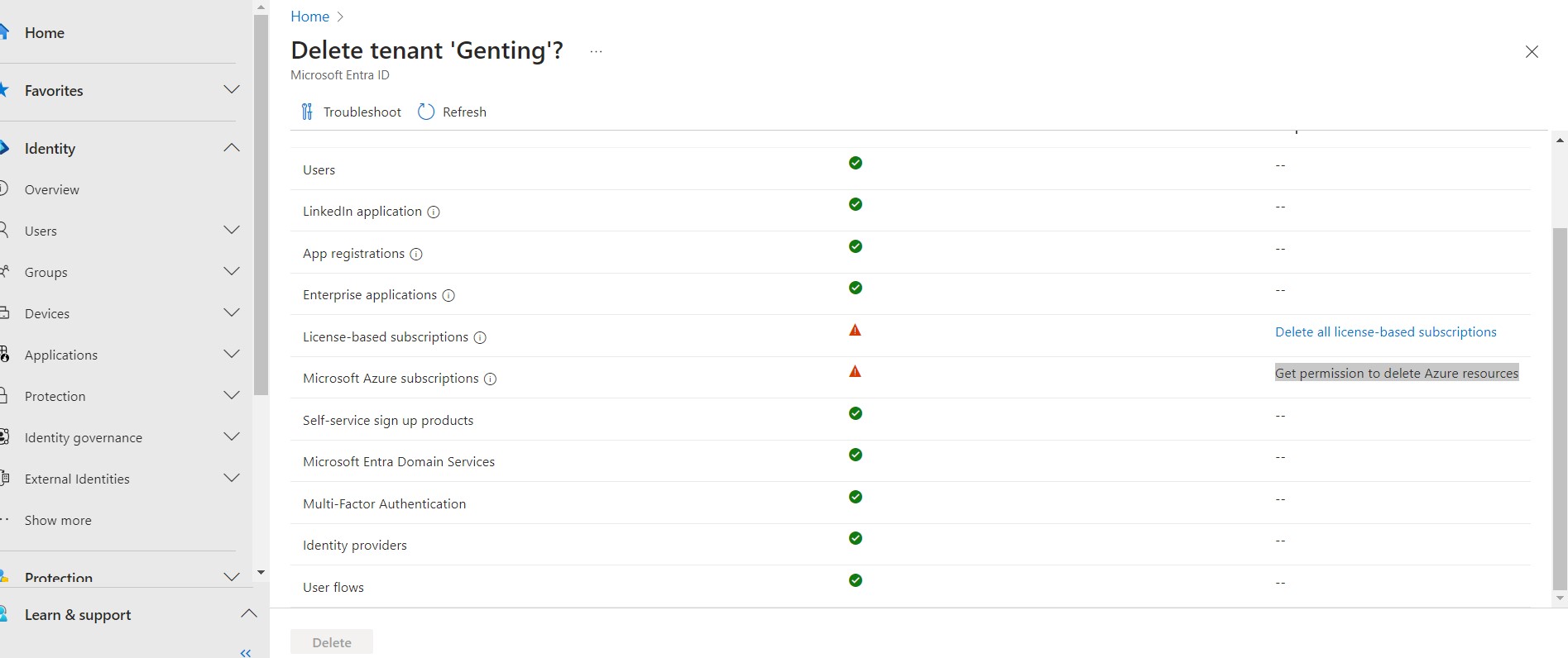 Get permission to delete Azure resources new page not working ...