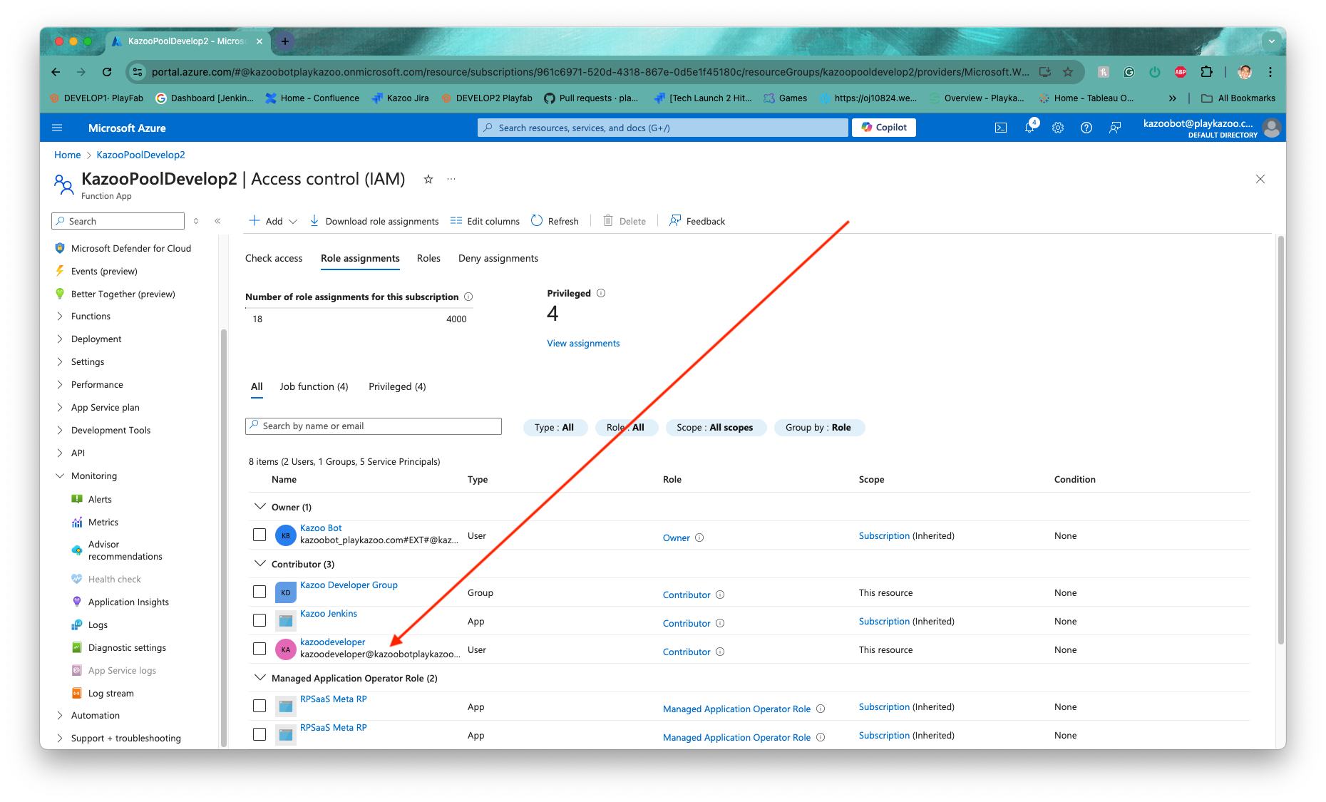 What permission is required to give another user access to log stream for a function app ...