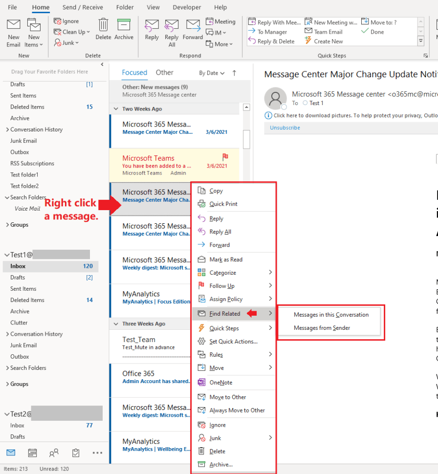 Outlook 365 - where is the find related messages feature? - Microsoft Q&A