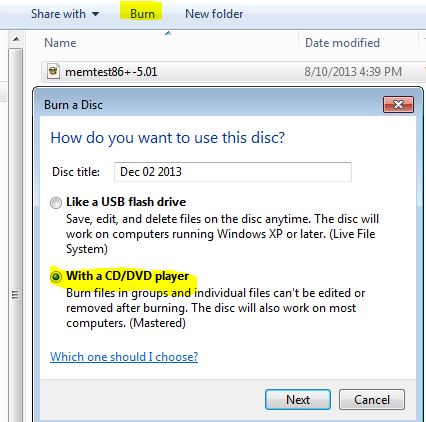 'Burn a disc' and 'Windows Disc Image Burner' features built-in with ...