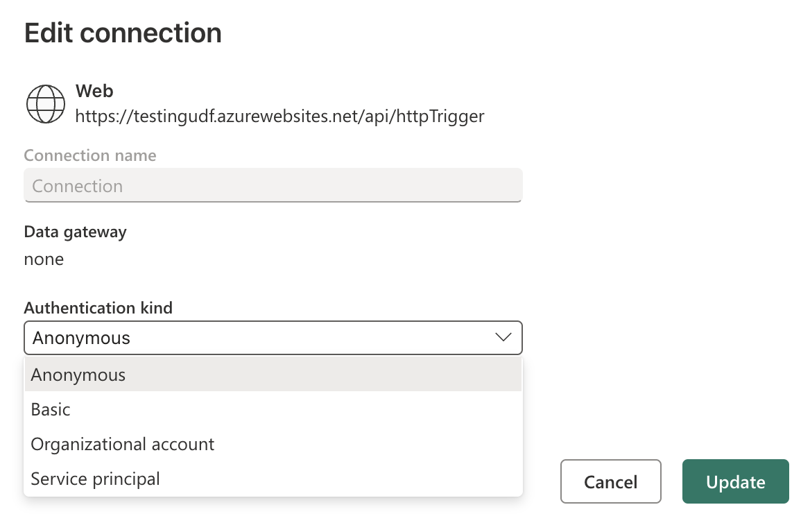 How can I connect to Azure Function URL from Power BI Service (Power Query) with Organization ...