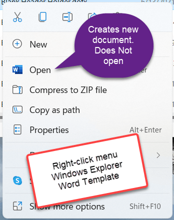 Right-click > Open for a template in Windows 11 creates a new document ...