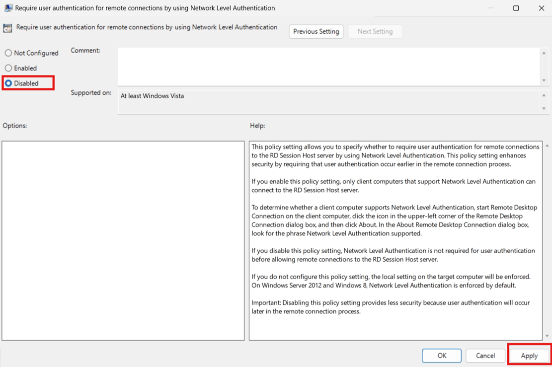 Remote Desktop Apply greyed out after disabling Network Level ...