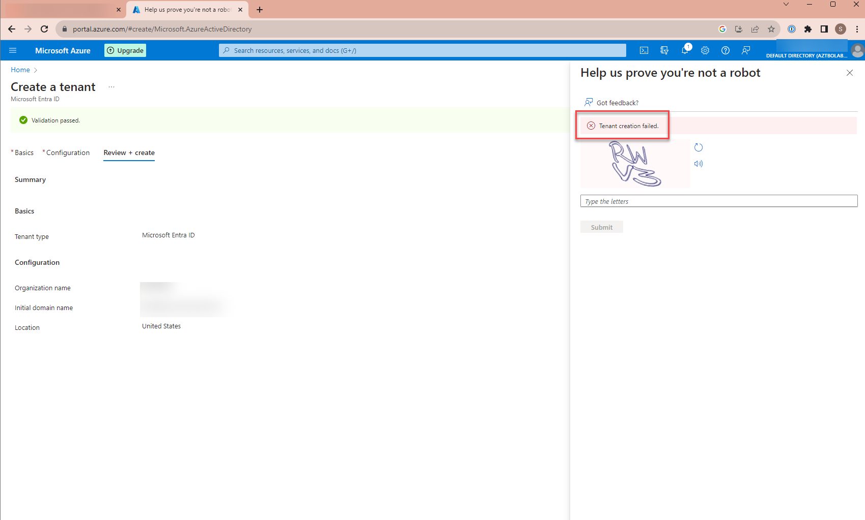 Cannot create Azure Active Directory Tenant - Microsoft Q&A