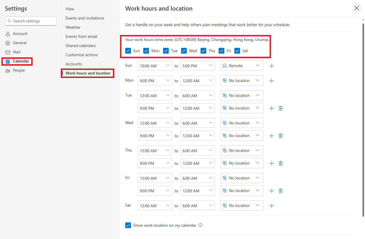 How to set different working hours on the calendar for each day of the ...