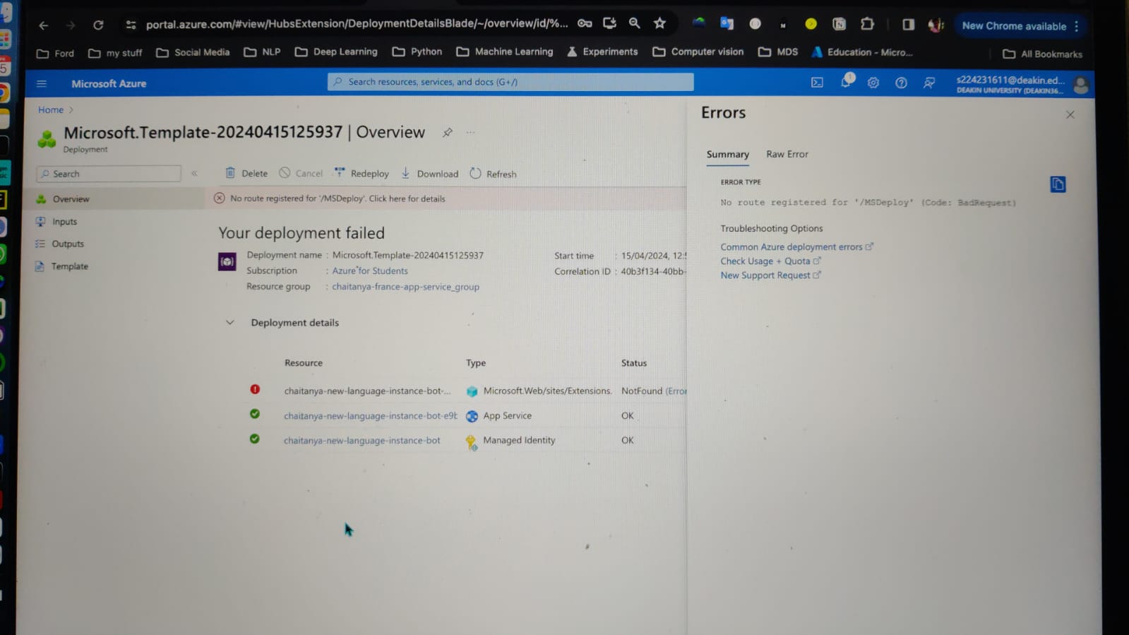 Unable to create and deploy a bot using Azure language studio - Microsoft Q&A