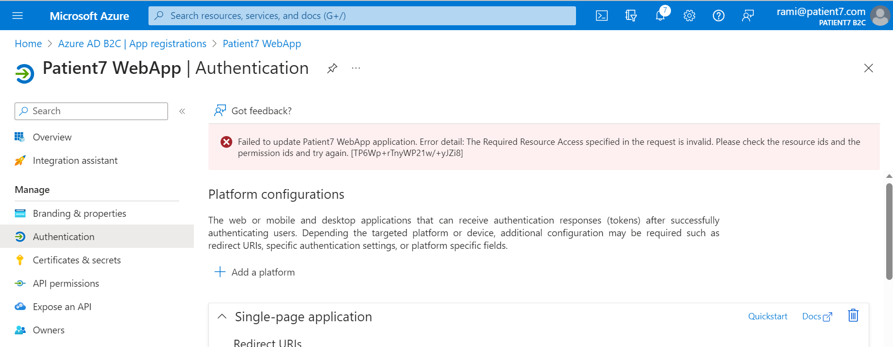 not able to update application registration in azure B2C - Microsoft Q&A