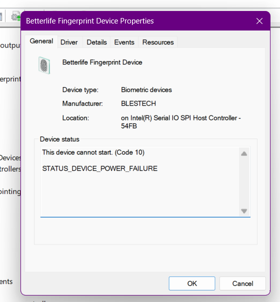 How to fix fingerprint scanner, shows code 10. - Microsoft Q&A