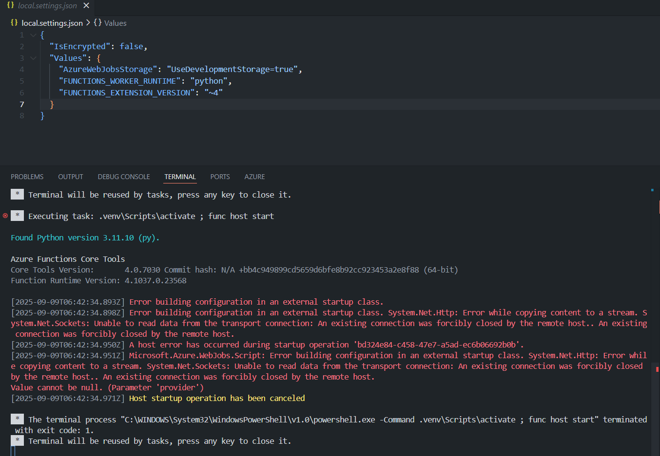 Microsoft.Azure.WebJobs.Script: Error building configuration in an external startup class ...