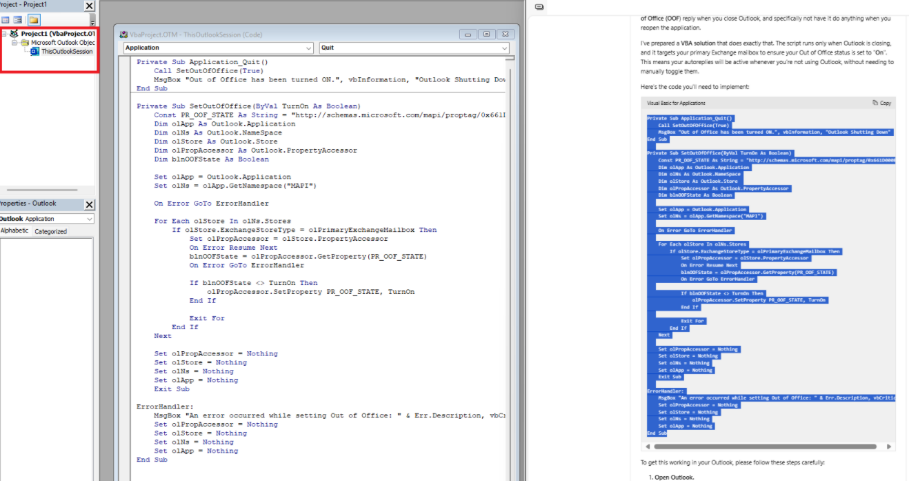 Has any got any VBA to switch Out of Office on when I close Outlook ...