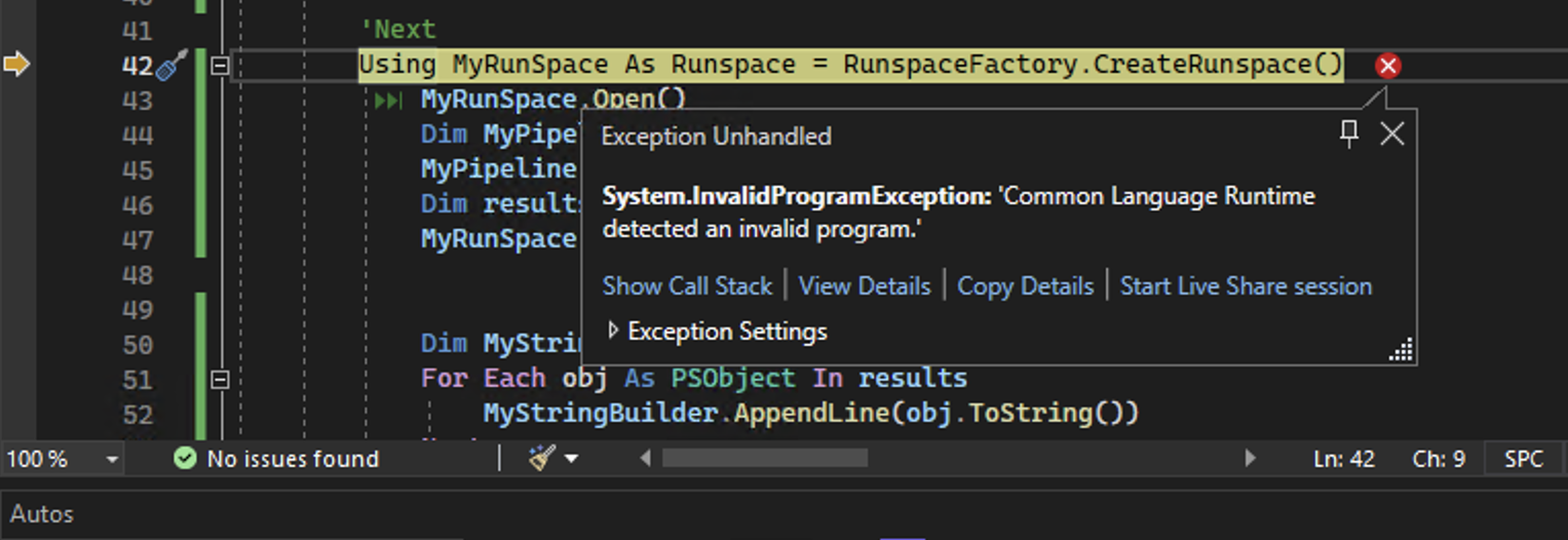 CLR error when creating Runspace in vb.net project in visual studio 2022 - Microsoft Q&A