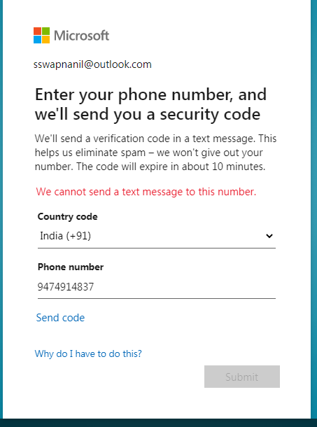 Unblocking my account shows that we can't send a text message to your ...