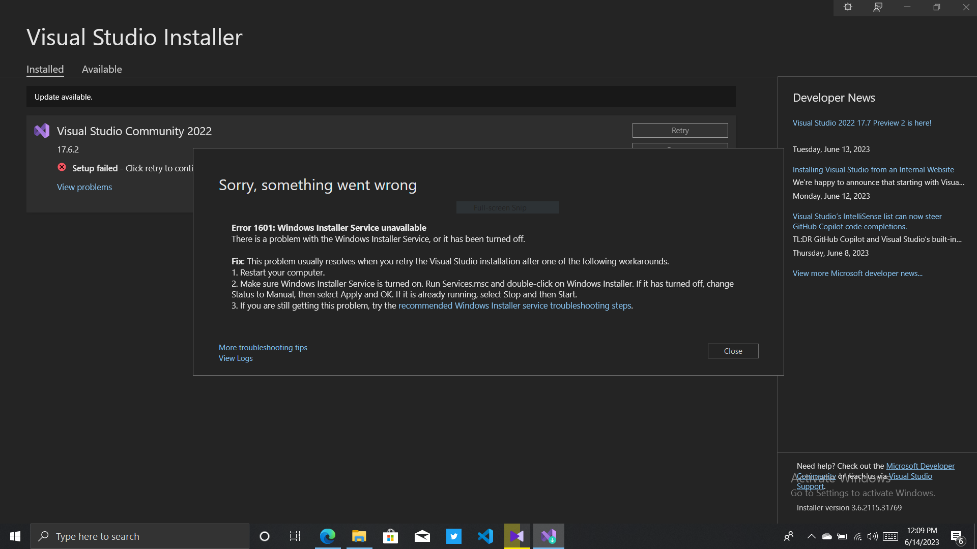 How will I fix this problem that occurs while trying to install visual ...