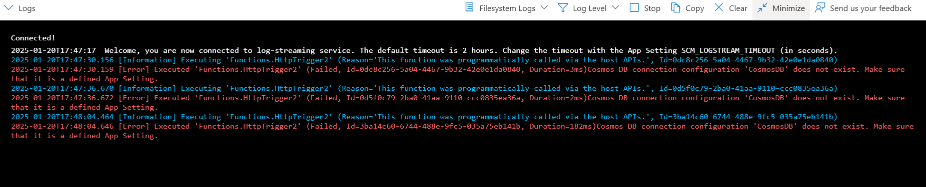 Cosmos Db Connection Configuration Cosmosdb Does Not Exist Make Sure That It Is A Defined App