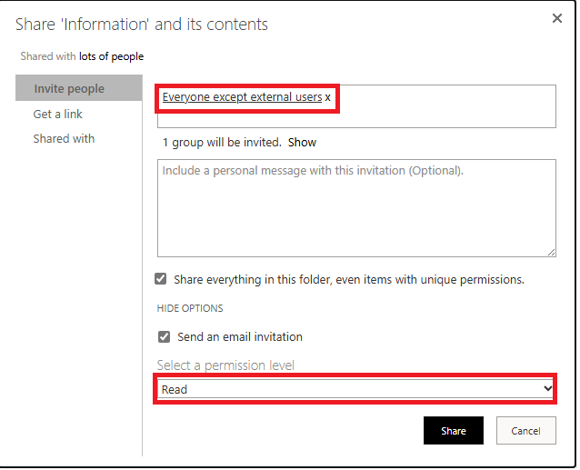 How do I share a folder and all it's documents view only when it is in a restricted documents ...