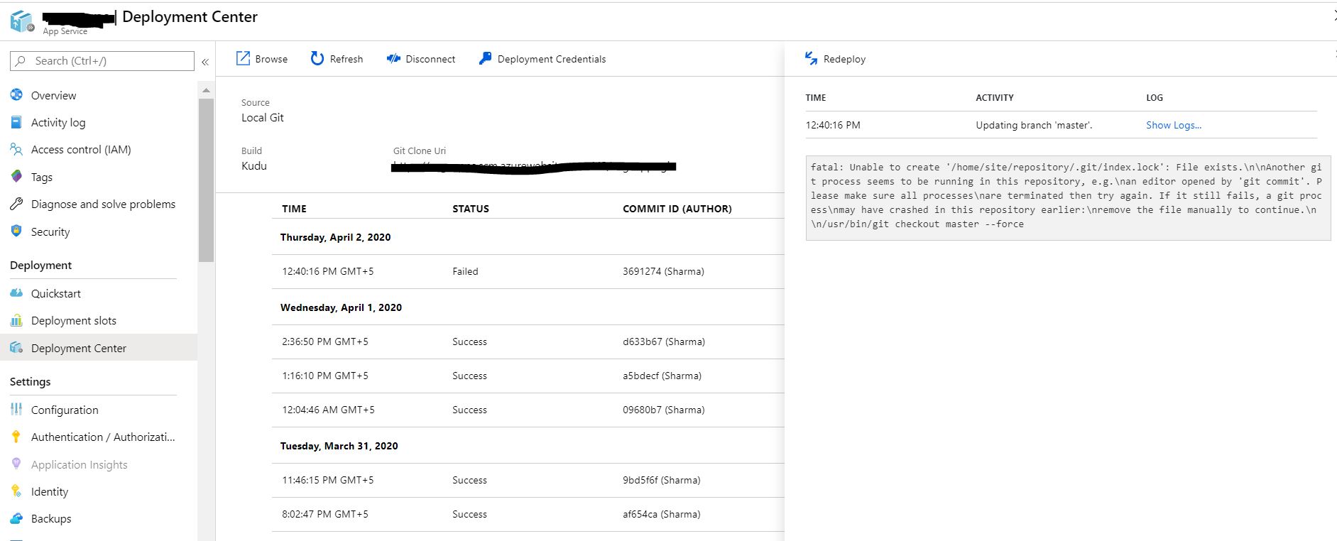 Unable To Push Code From Vs Code Git To Azure App Service Microsoft Qanda