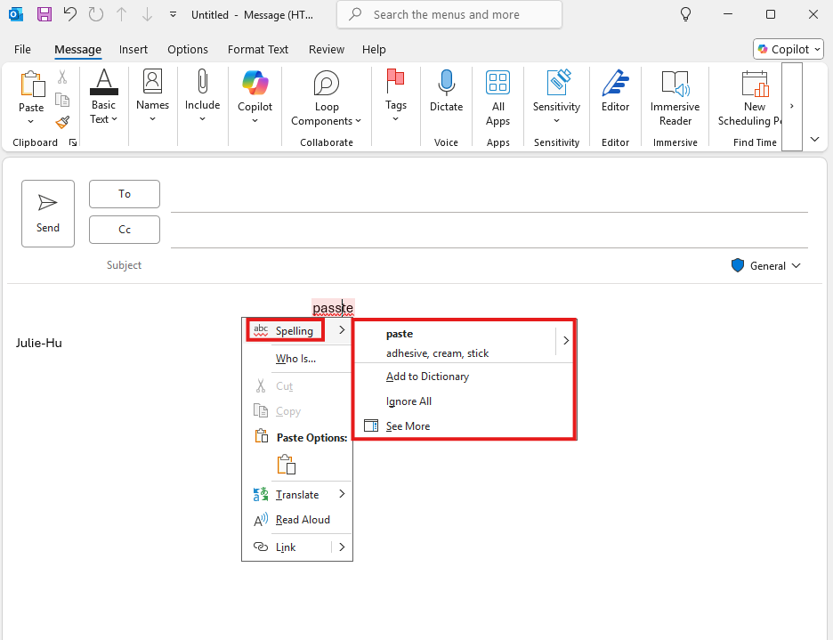 spell check on left click in Outlook - Microsoft Q&A
