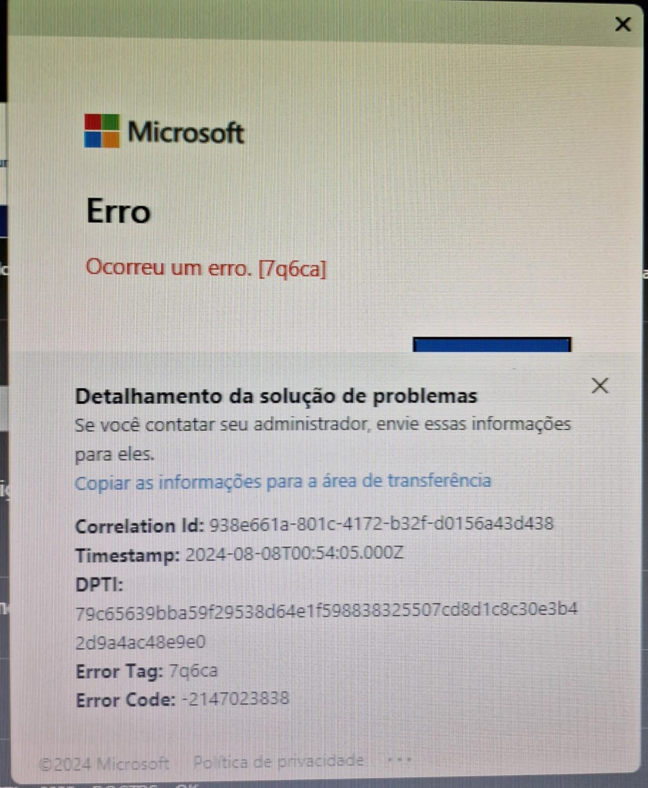 365 Family com erro 7q6ca - Microsoft Q&A