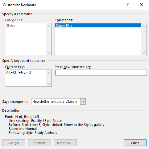 After creating a template with keyboard shortcuts for the custom style ...