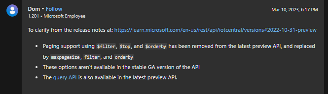 IoT Central API GET /api/devices query parameters are not working correctly - Microsoft Q&A