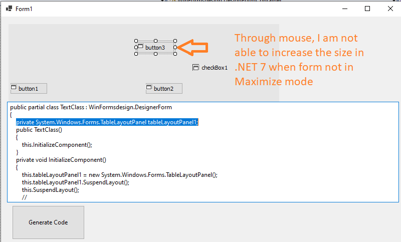 Private Member Code generation and Resize issue with DesignSurface Design Mode C# .NET7 ...