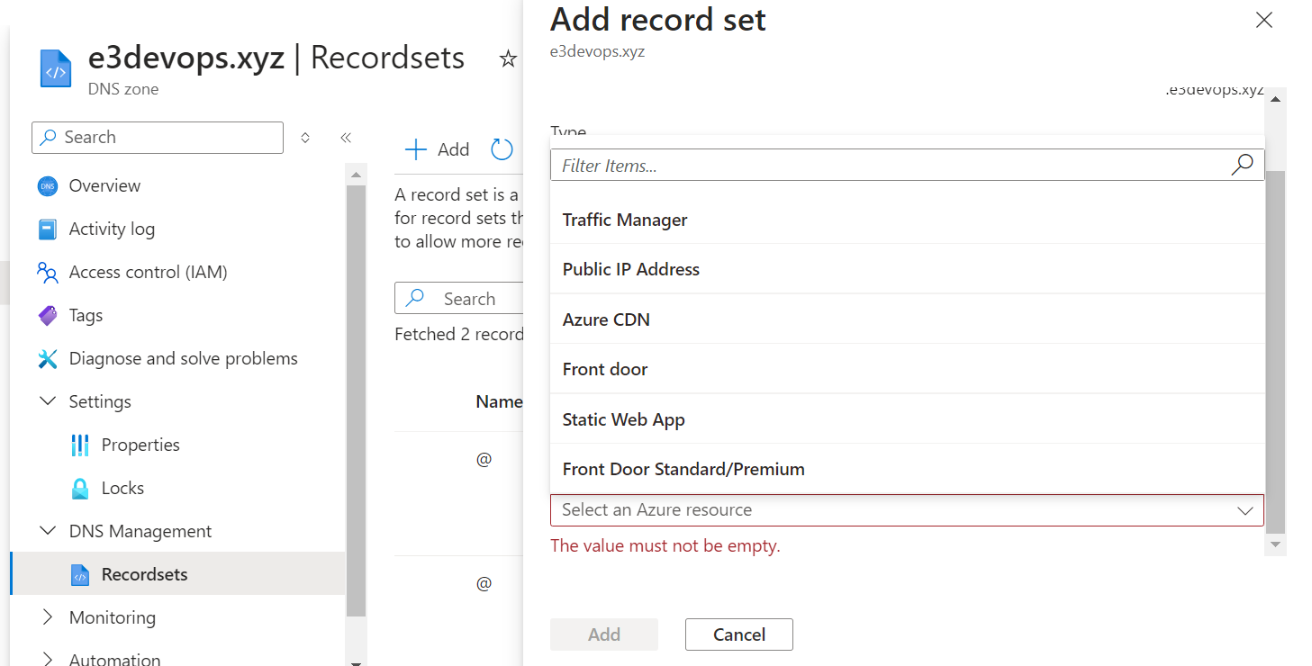 while add record set in parent domain , when we select alias =yes , i'm able to view azure ...