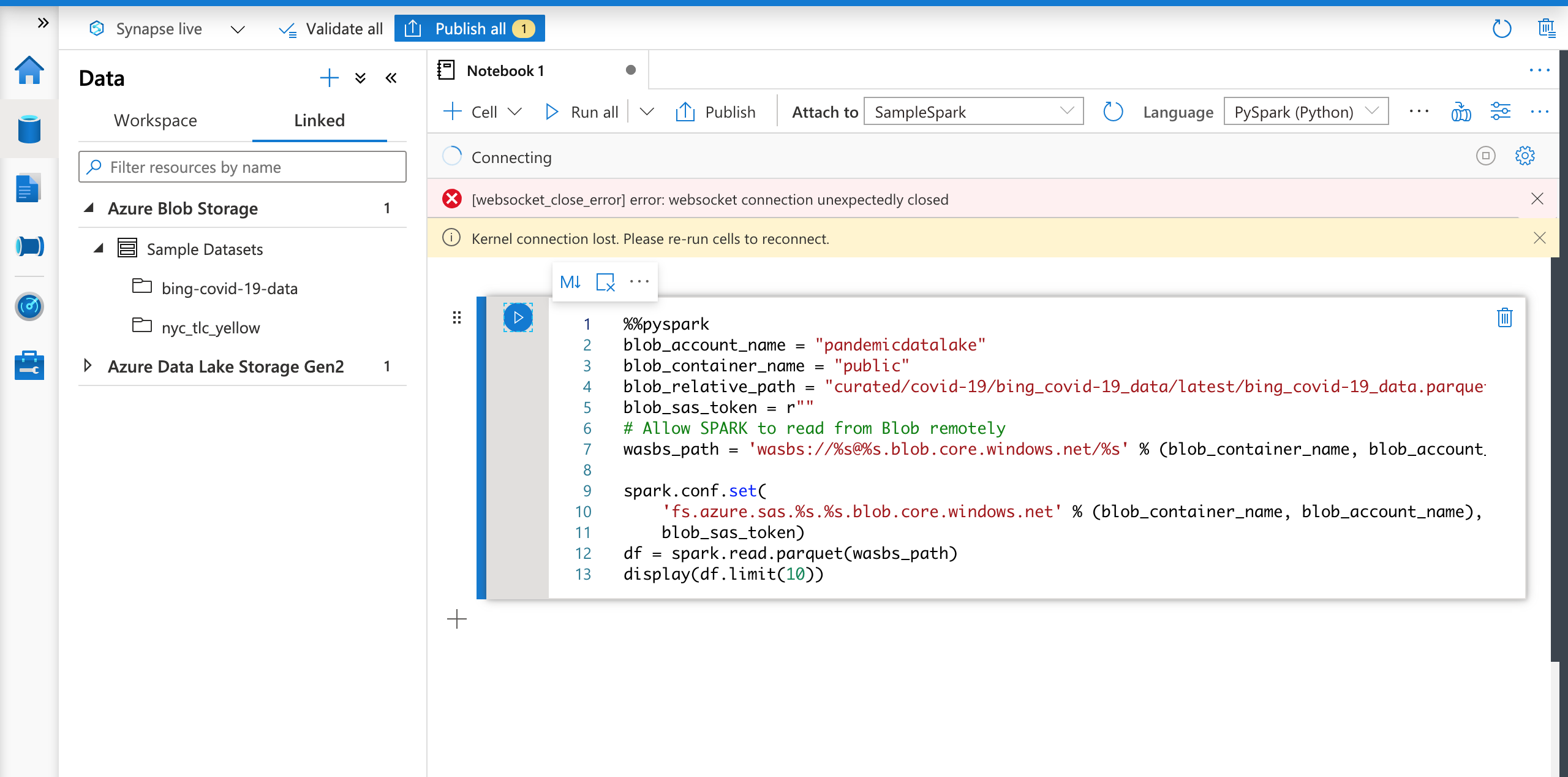 Cannot Run Notebooks In Azure Synapse When Analyze With Spark
