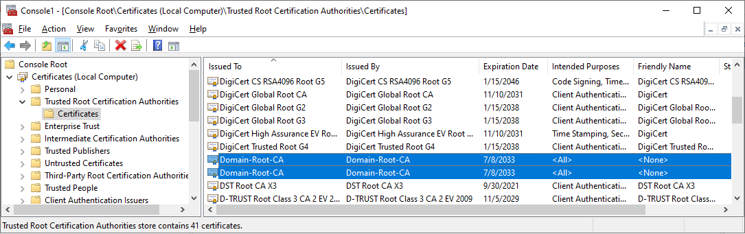 Multiple same enterprise root CA cert in the certificate store ...