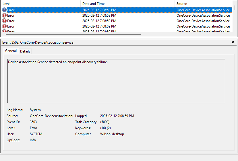 OneCore-DeviceAssociationService - Error ID 3503 - Microsoft Q&A