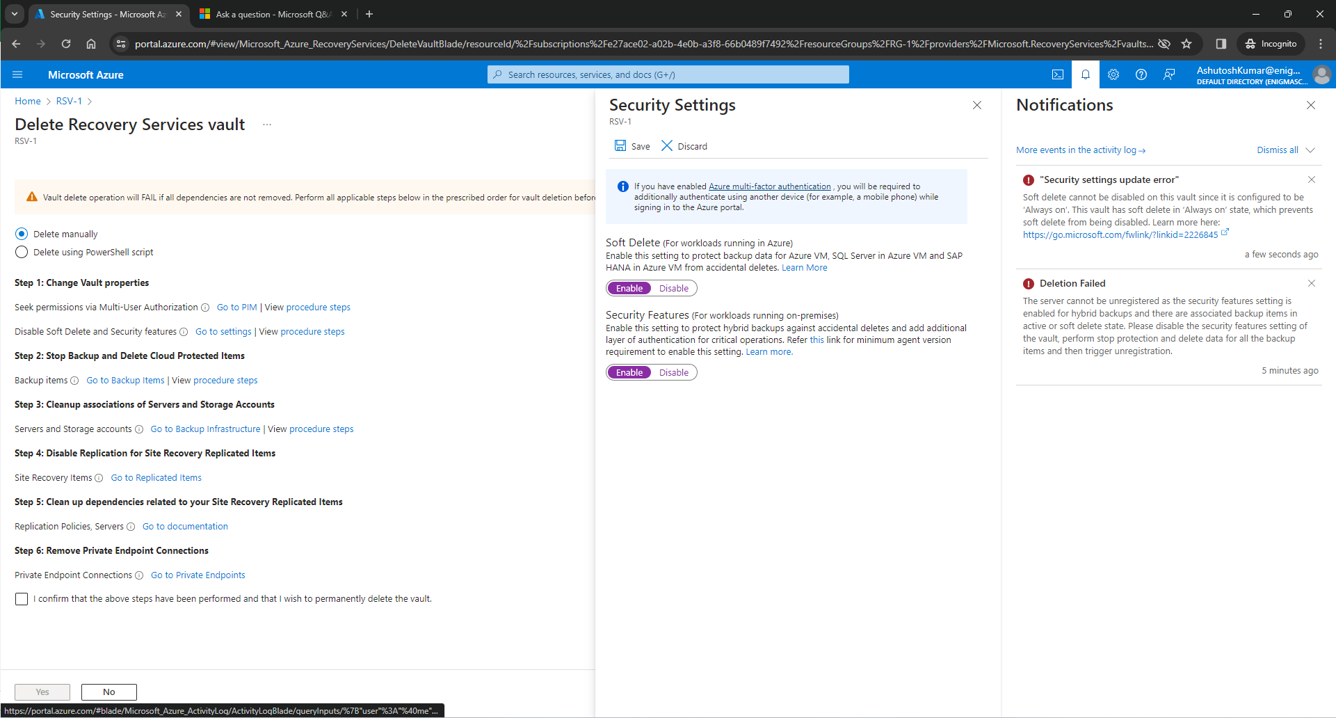 Unable to delete -Recovery Services vault - Microsoft Q&A Unable to delete -Recovery Services vault - Microsoft Q&A