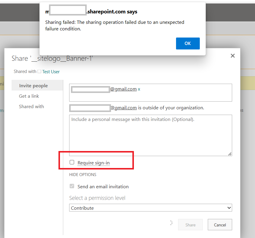 Sharing failed. The sharing operation failed due to an unexpected failure condition - Microsoft Q&A