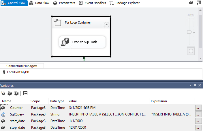 Reccurent Ssis Sql Task With For Loop Microsoft Qanda