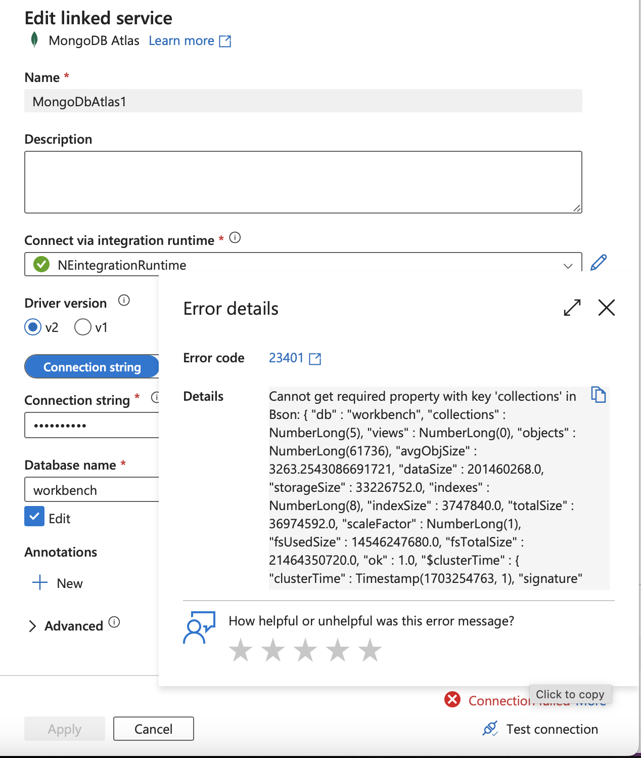 MongoDB Atlas connection in ADF fails - Microsoft Q&A MongoDB Atlas connection in ADF fails - Microsoft Q&A